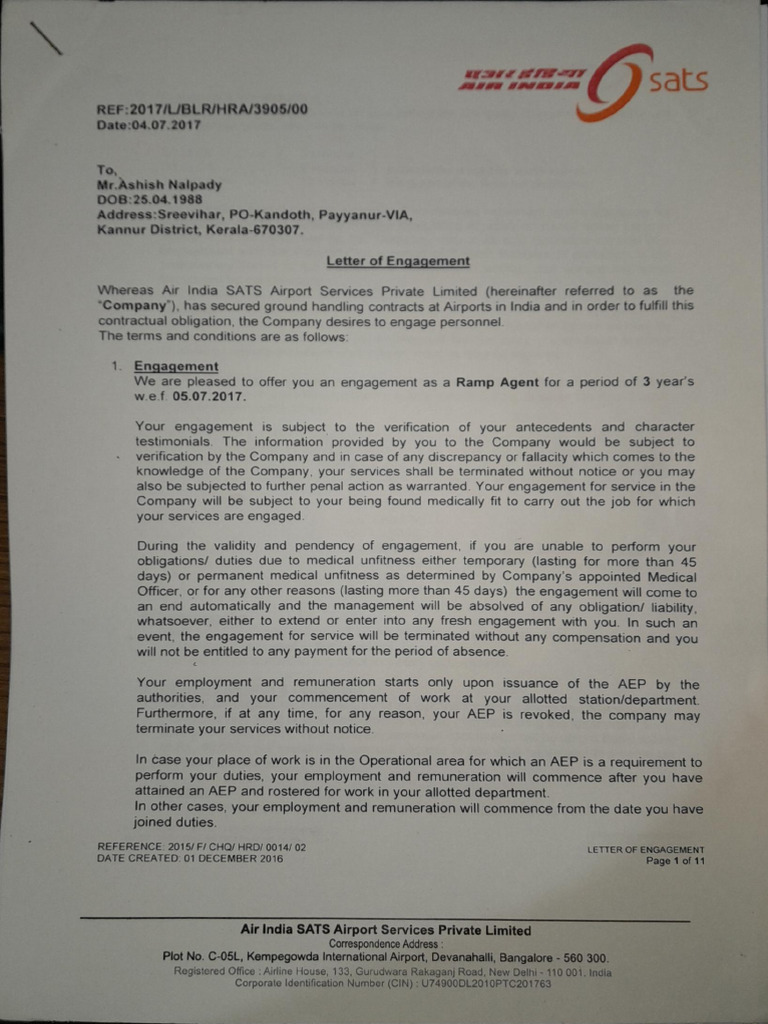 Air India Sats - Offer Letter | PDF