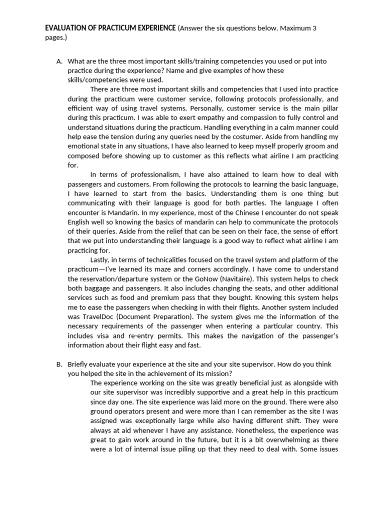 Evaluation of Practicum Experience | PDF