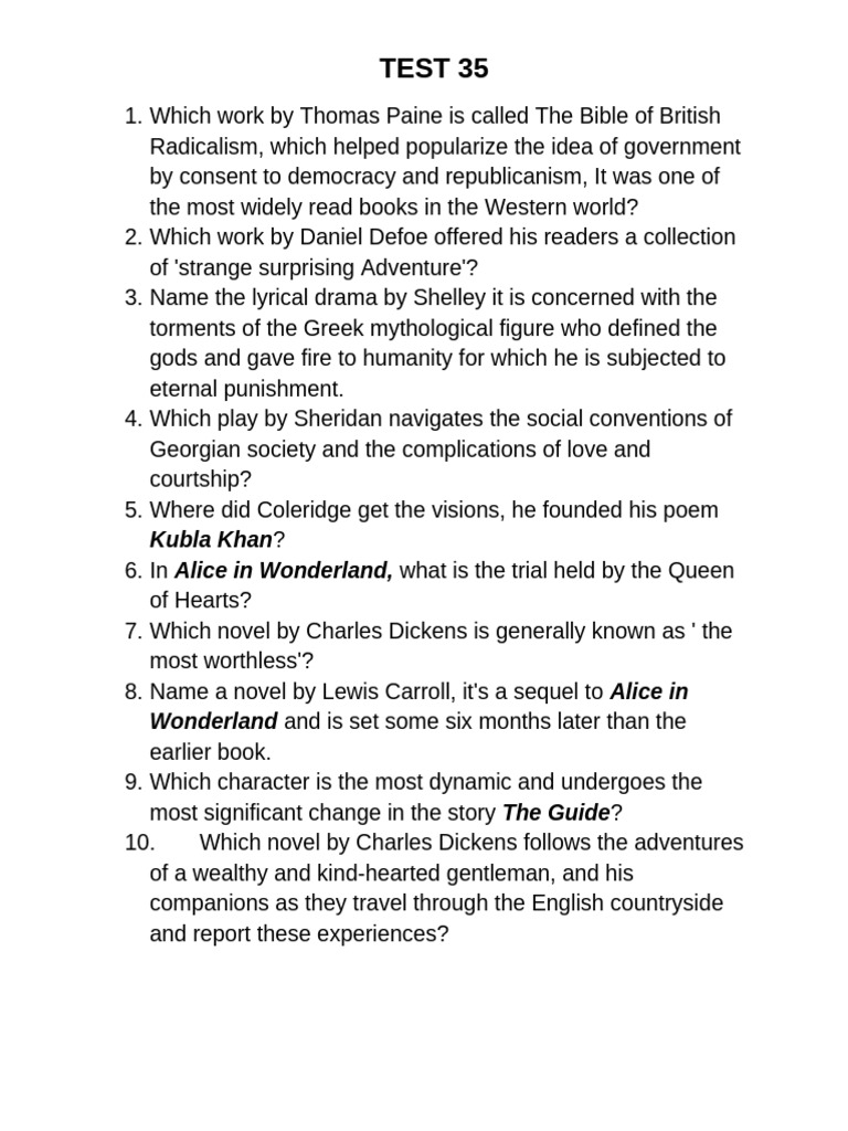 British Literature Quiz Questions | PDF