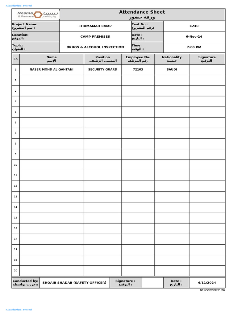 Security Attendance Sheet | PDF