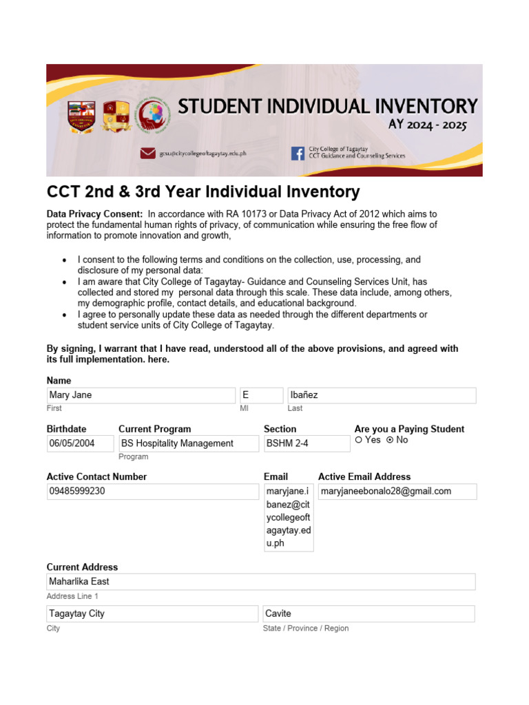 CCT 2nd & 3rd Year Individual Inventory - 713 | PDF | Credit Card | Psychology