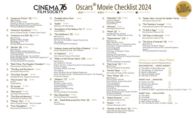 Oscars® Movie Checklist 2024 | PDF