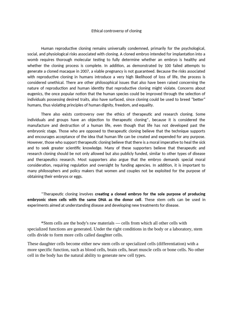 Ethical Controversy of Cloning | PDF | Cloning | Stem Cell