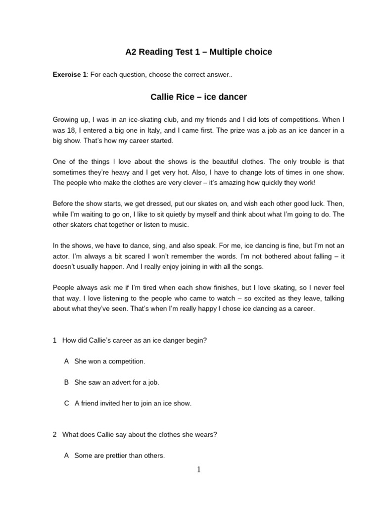 Callie Rice – ice dancer – A2 English Reading Test | PDF