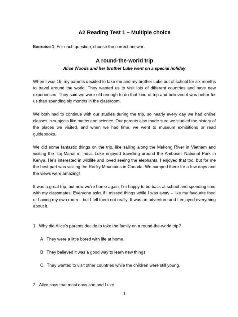 A2 Reading Test: Round-the-World Trip | PDF