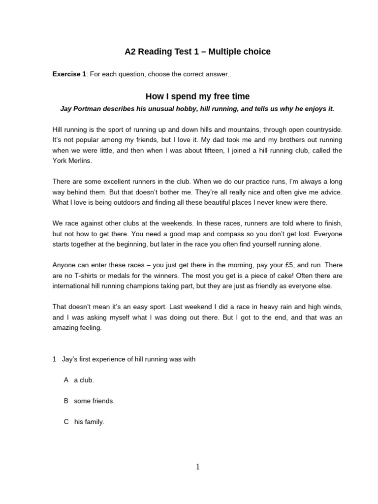 How I Spend My Free Time - A2 English Reading Test | PDF