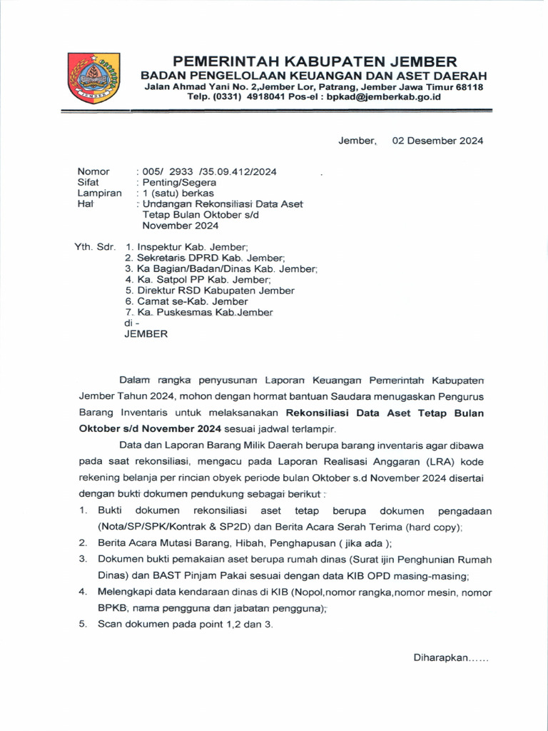 Undangan Rekonsiliasi Aset Tetap Okt S.D Nov 2024 | PDF