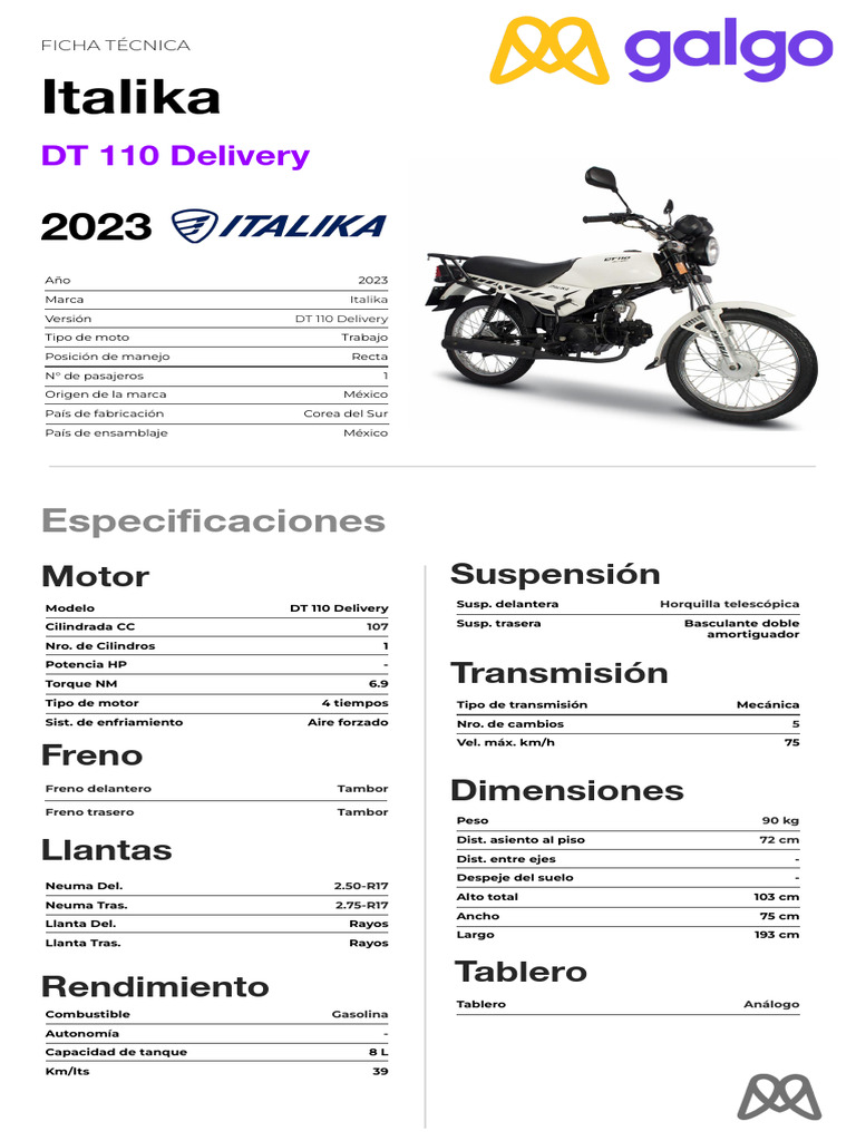 Ficha T Cnica Italika DT 110 Delivery Galgo M Xico | PDF
