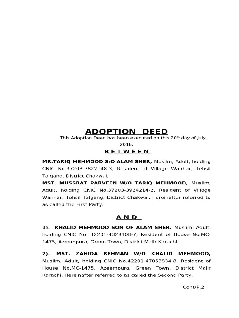 Adoption Deed Khalid Mehmood | PDF | Legal Guardian | Social Institutions