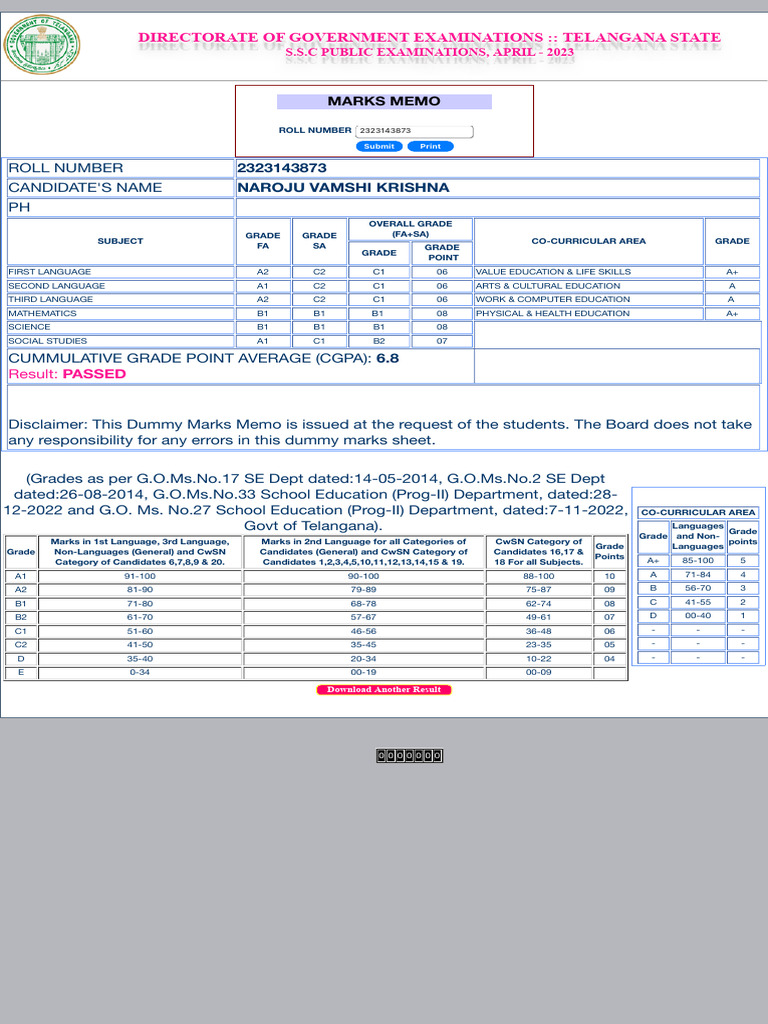 Telangana SSC April 2023 Marks Memo | PDF | Student Assessment And ...
