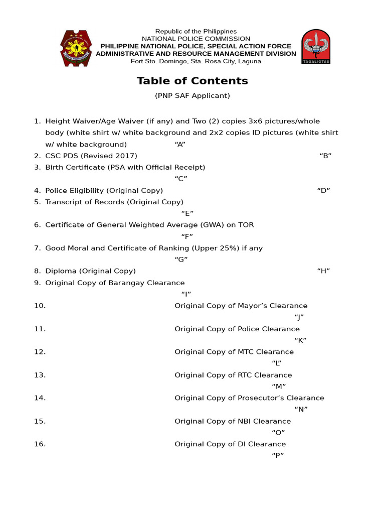 PNP SAF Application Requirements Checklist | PDF | Law Enforcement ...