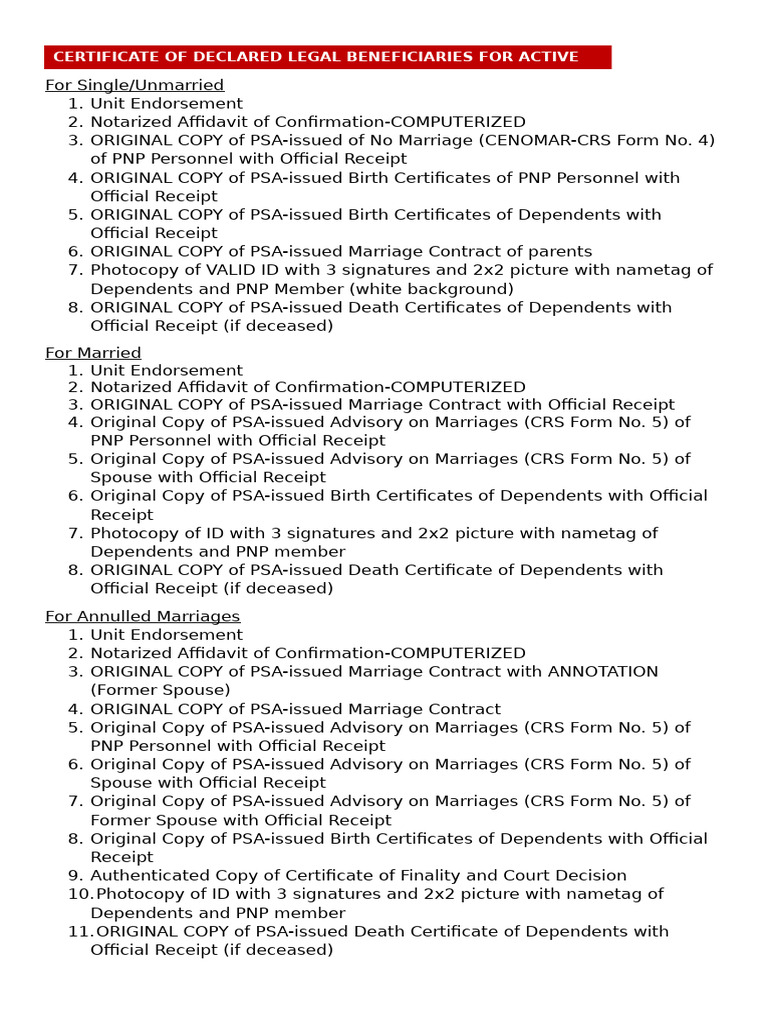 Certificate of Declared Leghal Beneficiaries For Active PNP Members | PDF