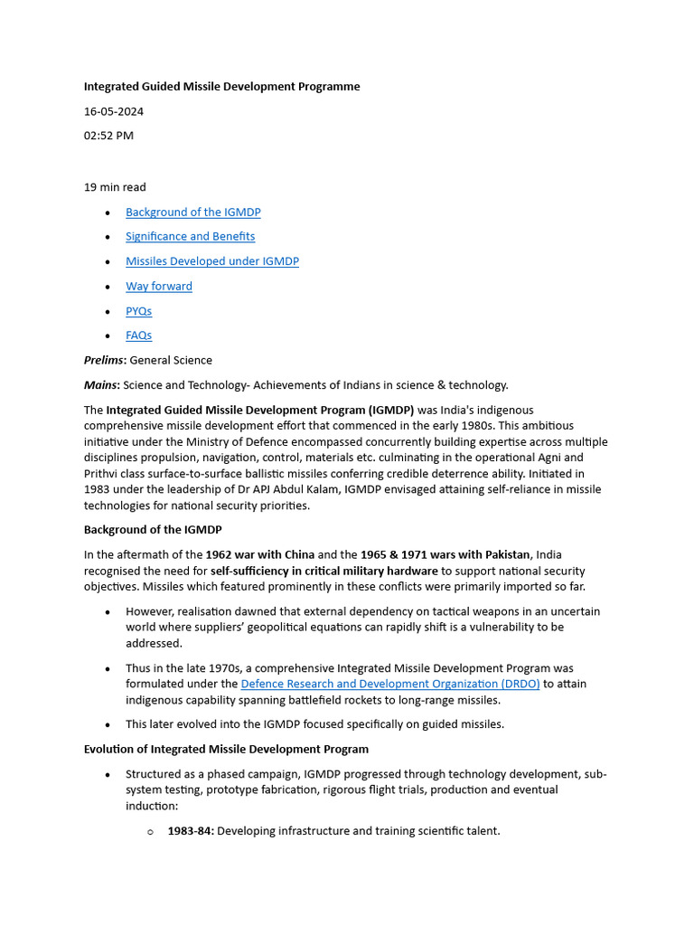 Integrated Guided Missile Development Programme | PDF | Missile | Rockets And Missiles
