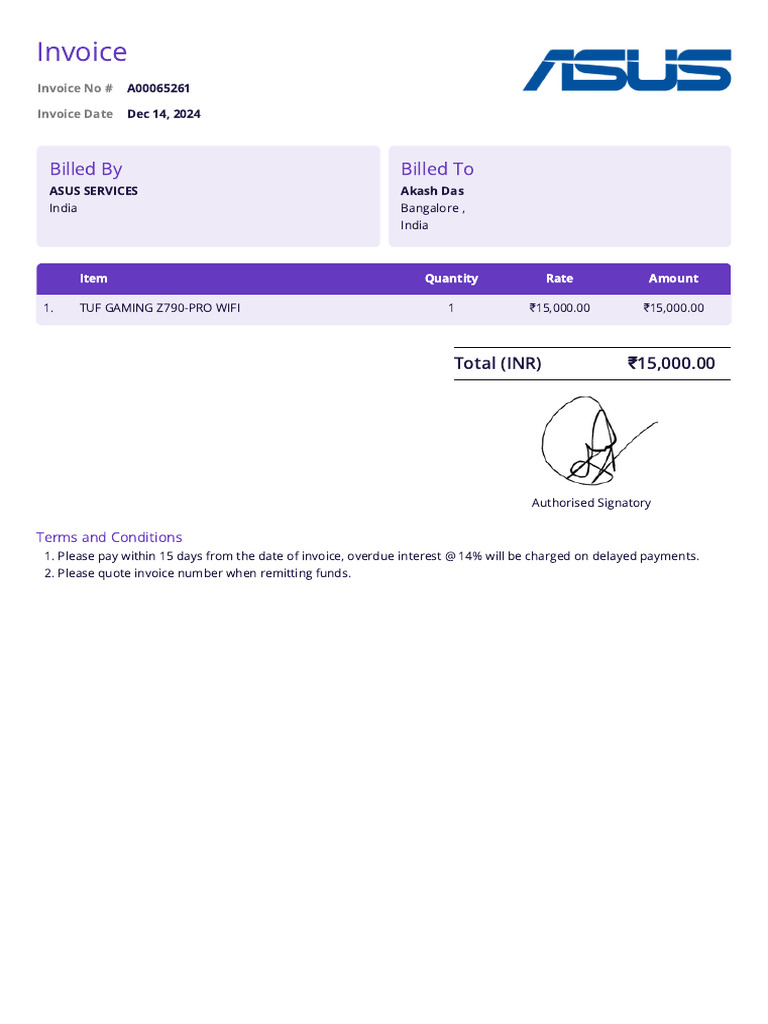 Invoice A00065261 Asus Services Akash Das | PDF