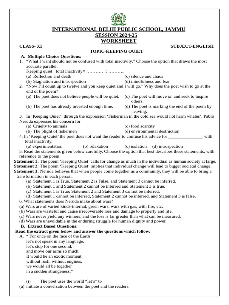 Keeping Quiet Worksheet | PDF