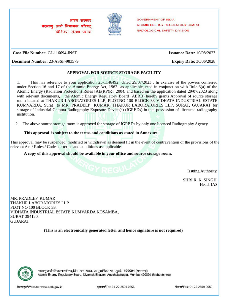 Approval Letter IR Source Storage 1246234 | PDF | Radiography | Nuclear ...