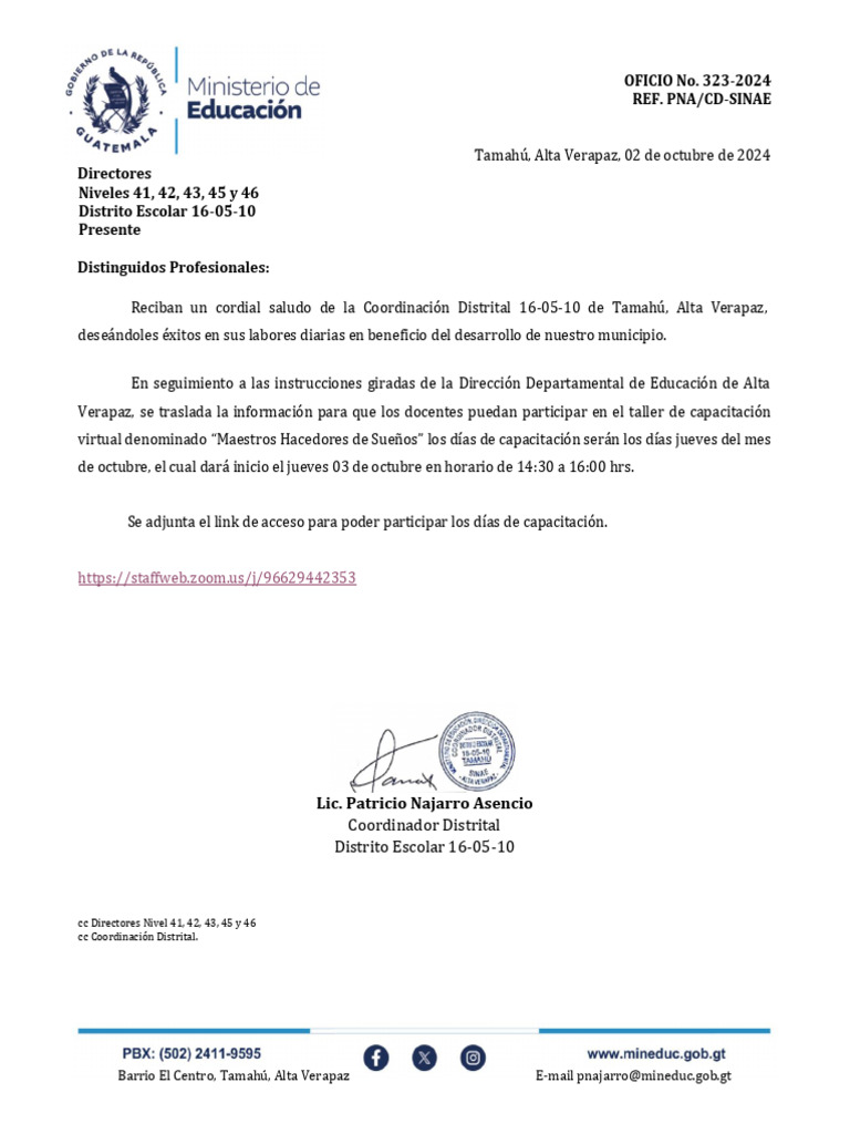 OFICIO No 323 Taller de Capacitacación Virtual | PDF