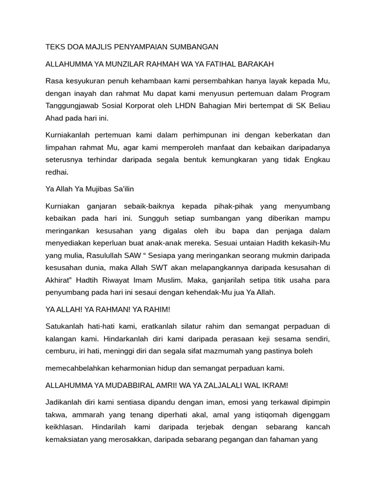 TEKS DOA MAJLIS PENYAMPAIAN SUMBANGAN | PDF
