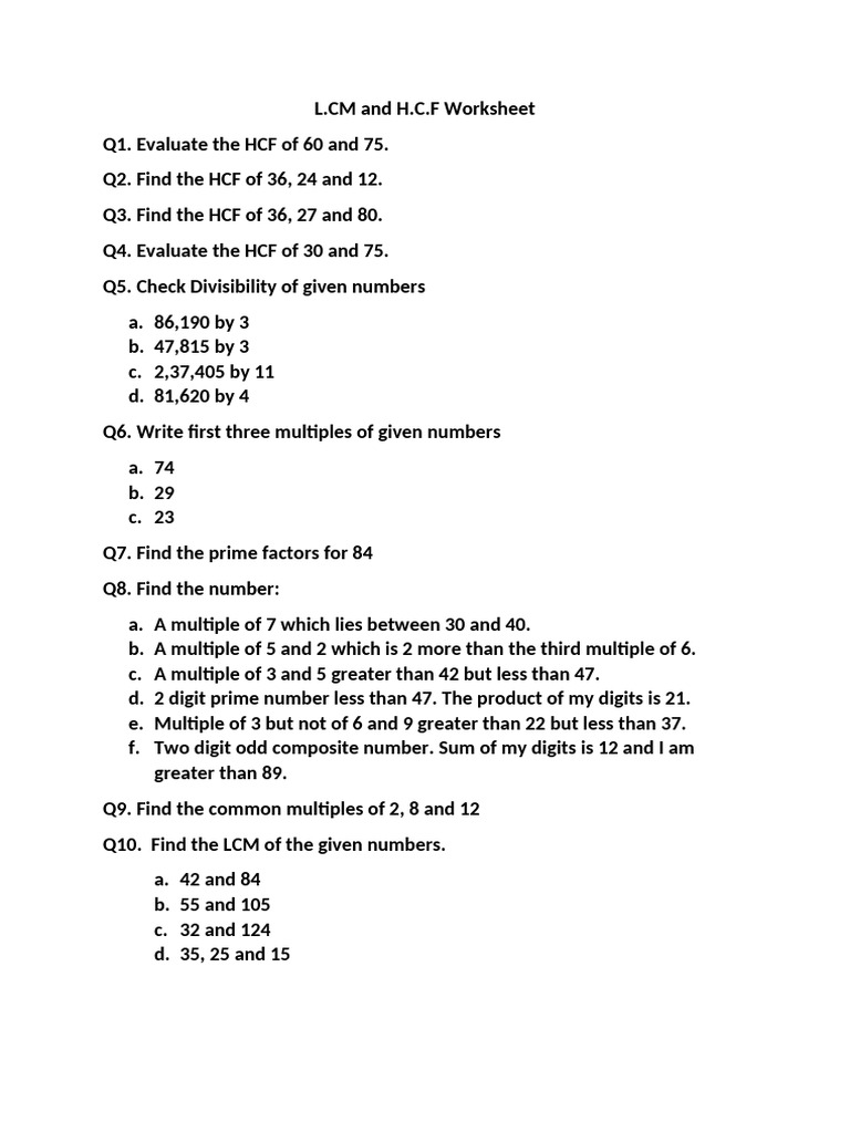 HCF and LCM Worksheet 1 | PDF