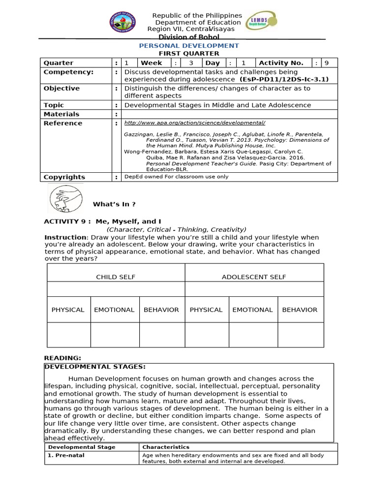 SHS - CORE - PERDEV - Wk3 - Day 1-4 | PDF | Adolescence | Learning
