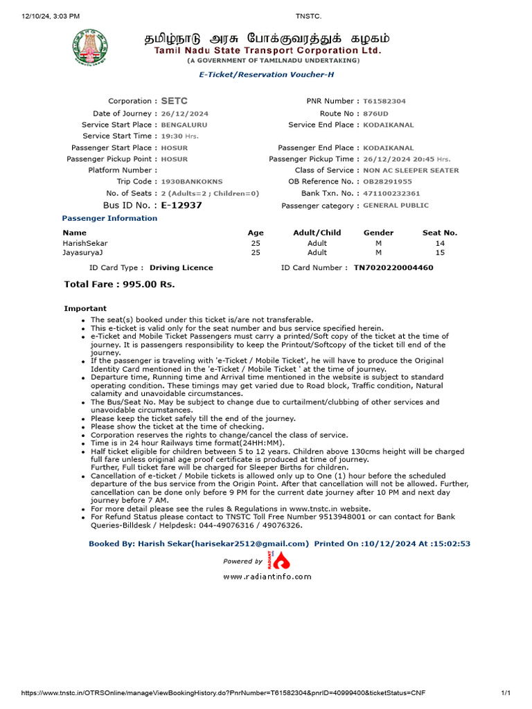 SETC E-Ticket for Bengaluru to Kodaikanal | PDF | Land Transport ...