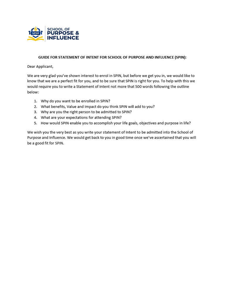 Guide For Statement of Intent For School of Purpose and Influence | PDF