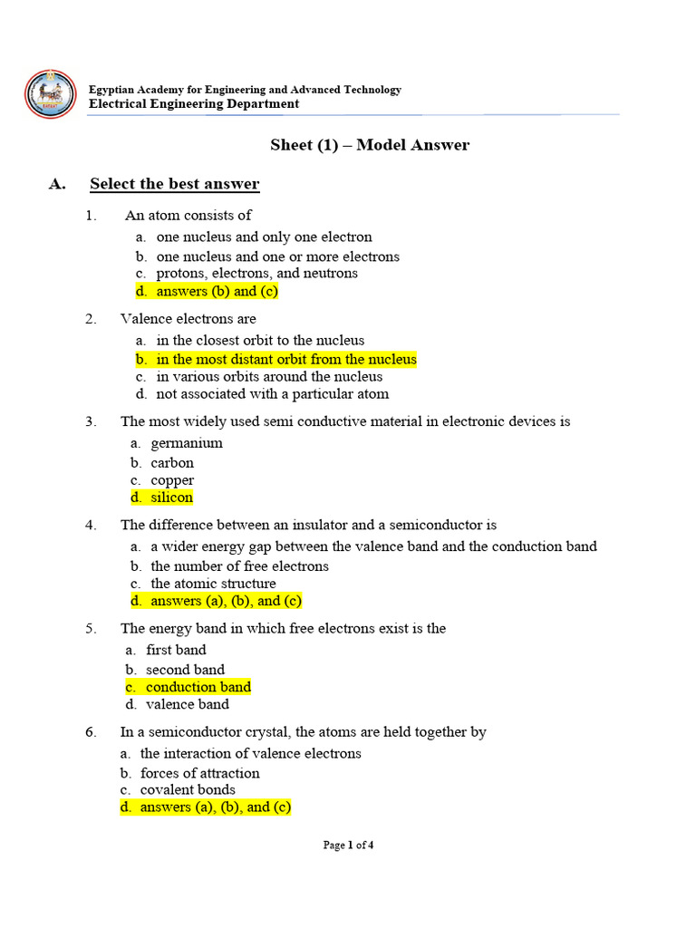 Sheet (1) Model Answer | PDF | Semiconductors | Doping (Semiconductor)