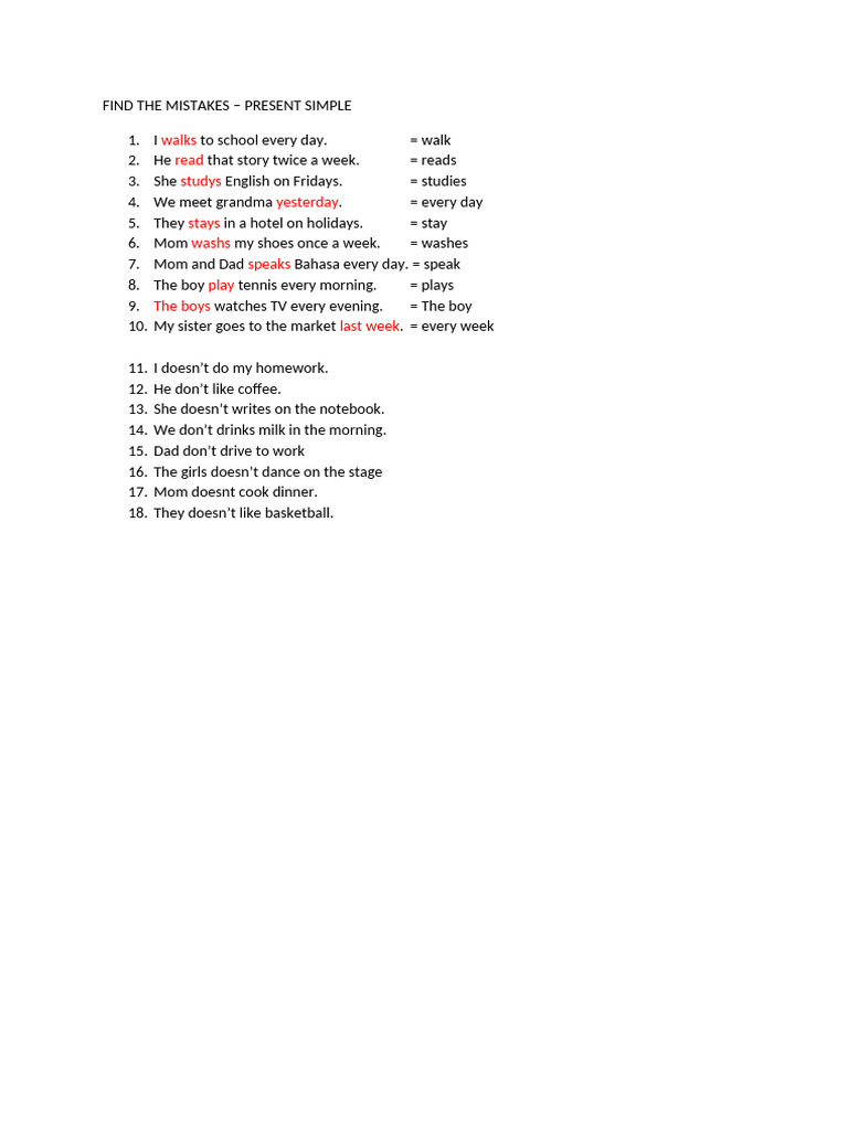Present Simple Mistake Correction | PDF