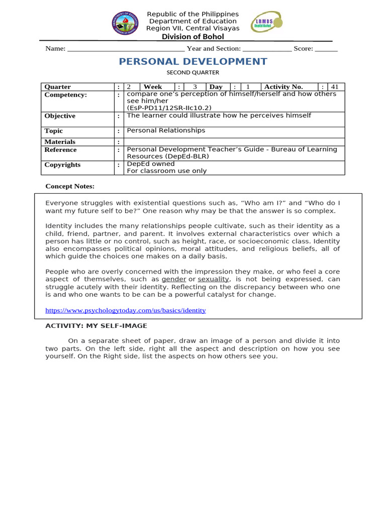SHS - PERDEV - Q2 - Wk3 Act41-44 | PDF | Family | Identity (Social Science)