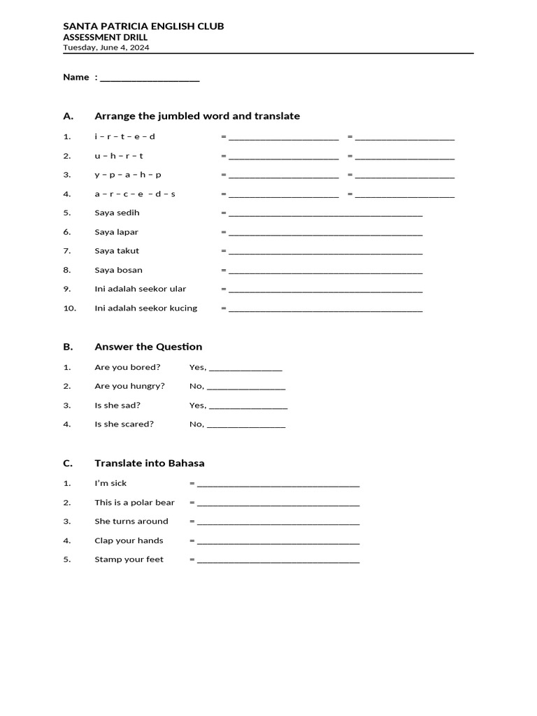 P1 - English Drill PAT Asesmen Semester 2 | PDF