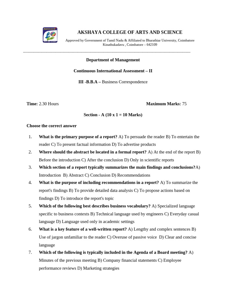 Business Corespondence CIA 2 QP | PDF | Jargon | Human Communication