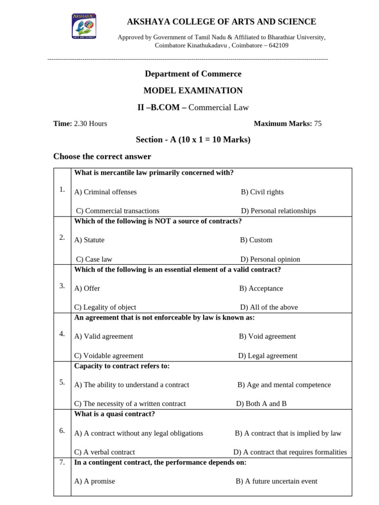 Commercial Law Model Exam | PDF | Common Law | Legal Concepts
