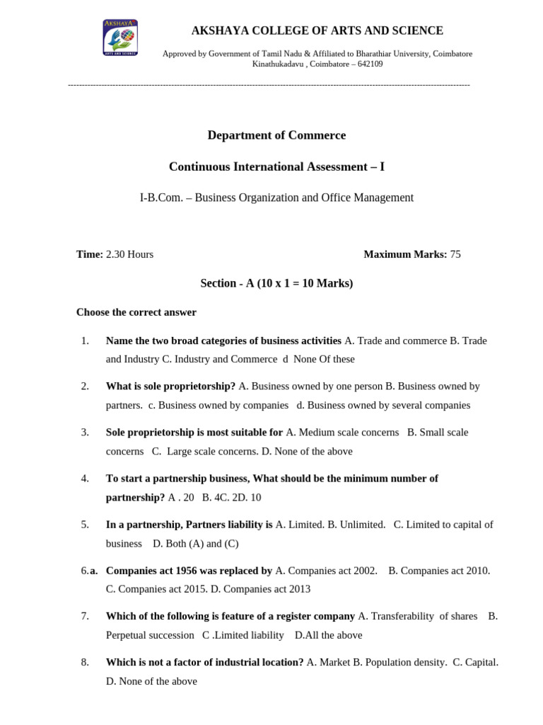 Business Organisation and Office Management CIA 1 QP | PDF | Business | Partnership