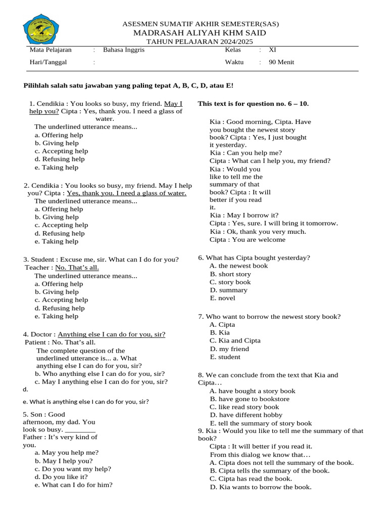 12, SOAL BAHASA INGGRIS SAS XII 2024 | PDF