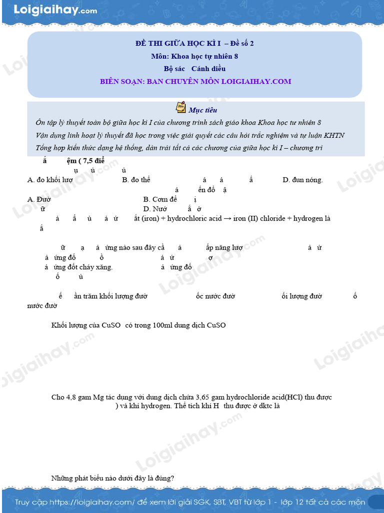 De Thi Giua Ki 1 KHTN 8 Canh Dieu de So 2 1696222353 | PDF