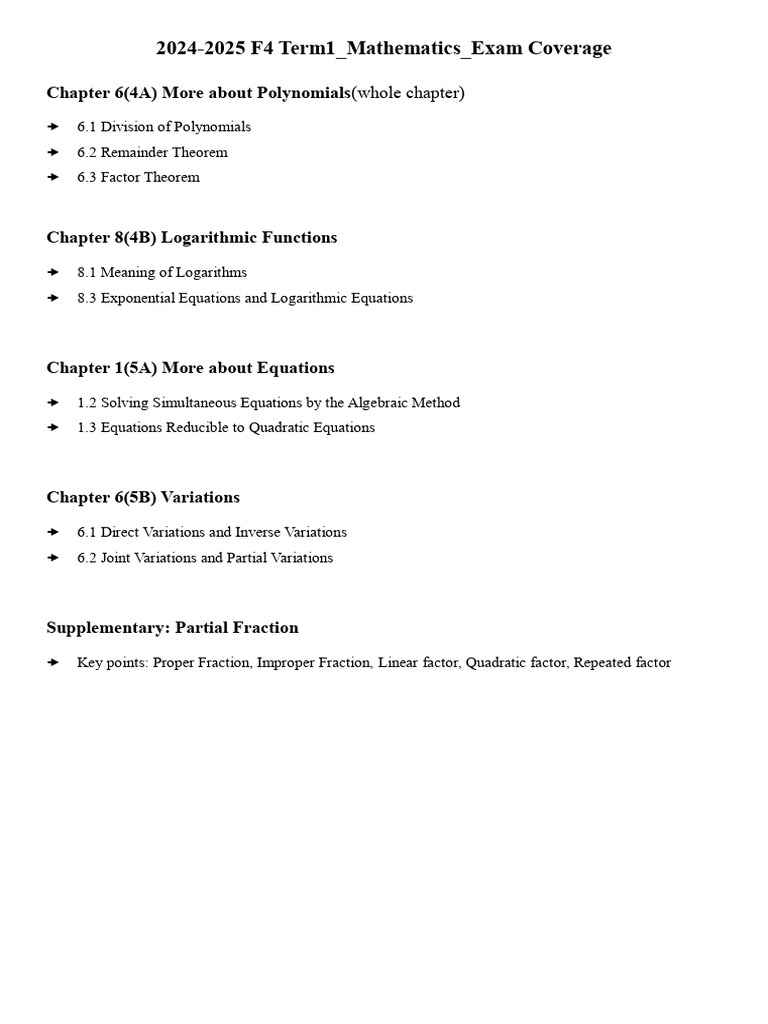 2024-2025 F4 Term1 - Mathematics - Exam Coverage | PDF