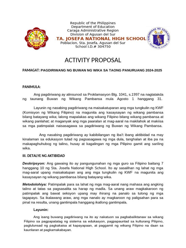 ACTIVITY PROPOSAL SA FILIPINO (AutoRecovered) | PDF