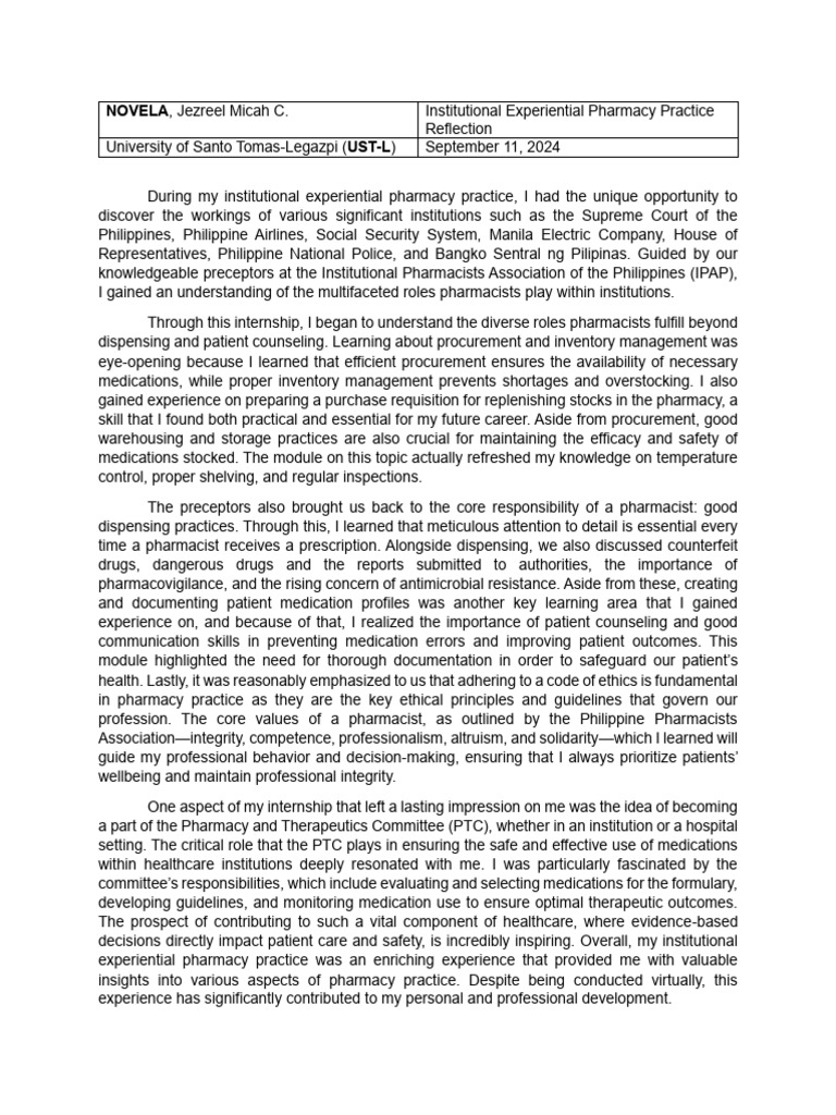 Reflection | PDF | Pharmacy | Pharmacist