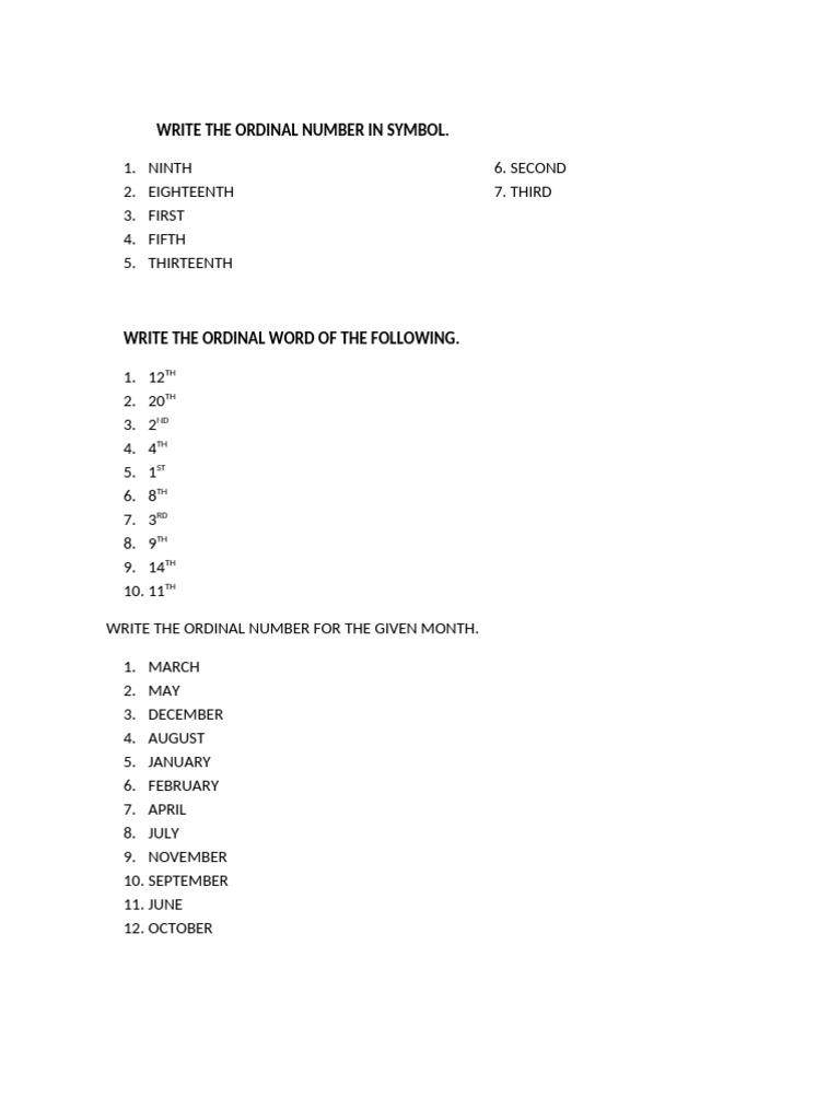 Write The Ordinal Number in Symbol | PDF