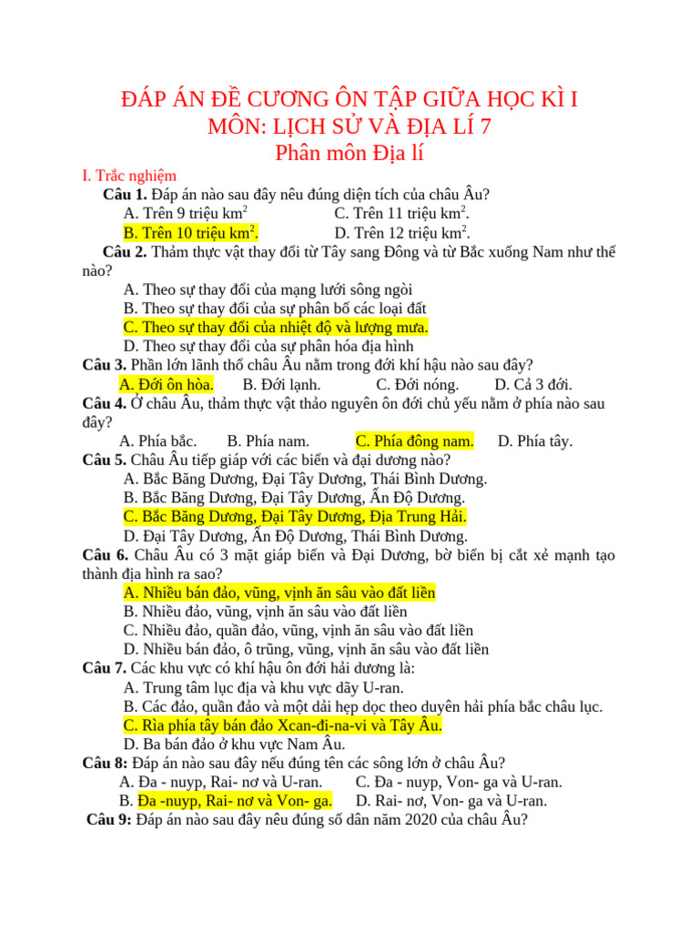 CD - ĐL7 - Đáp án đề cương ôn tập giữa HK1 22-23 | PDF