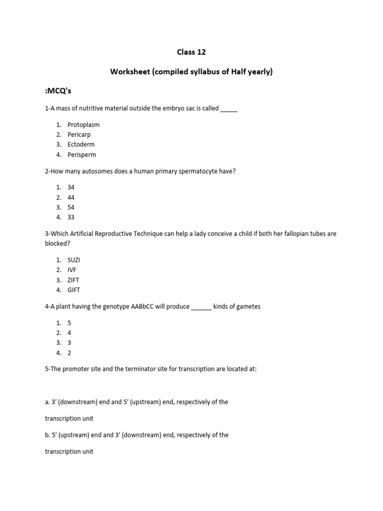 Class 12 -(compiled revision worksheet) (1) | PDF | Meiosis | Genetics