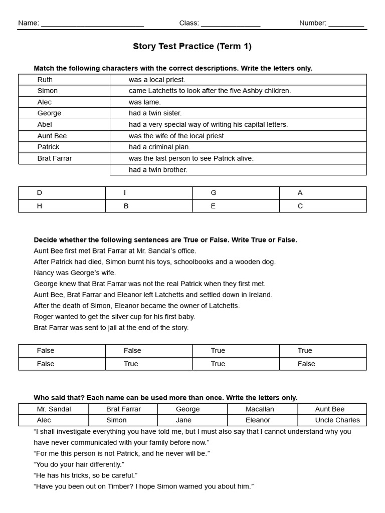 Story Test Practice (Brat Farrar) Answer Key | PDF