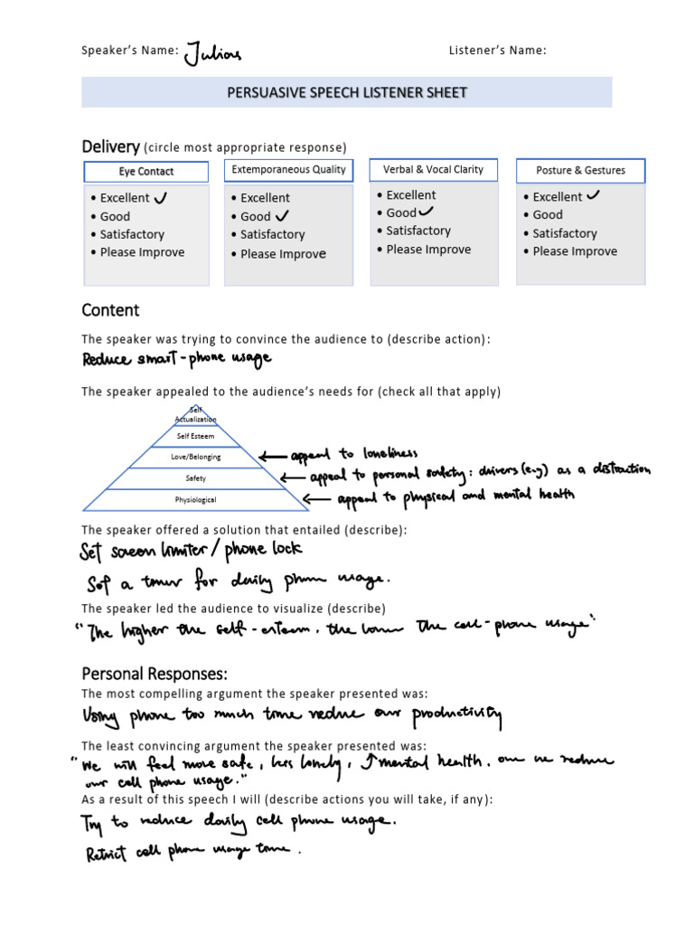 Persuasive Speech Listener Feedback Sheet | PDF | Gesture | Speech