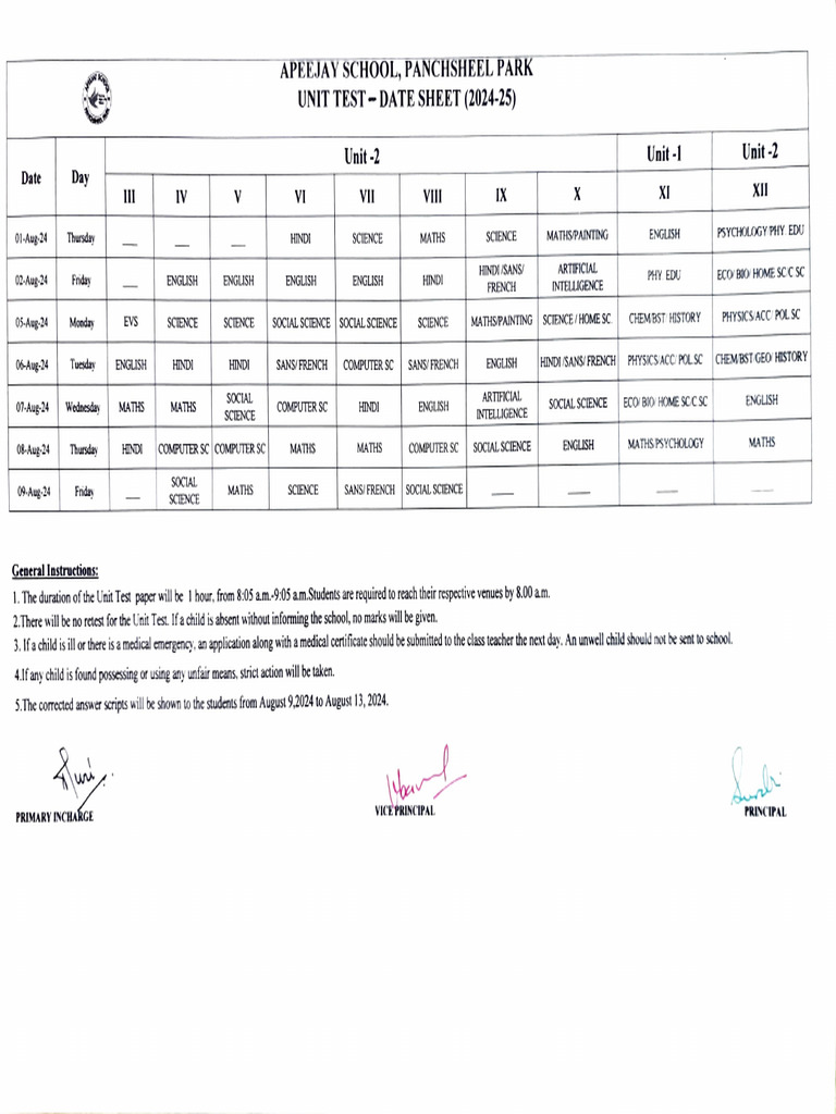 Unit Test Date Sheet 2024-25 | PDF