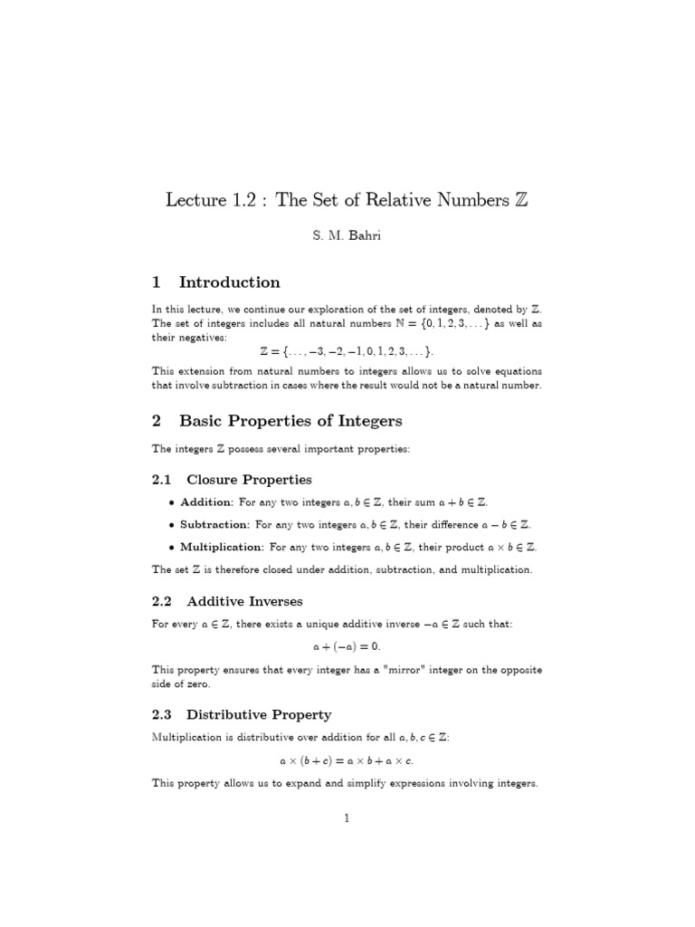 Lecture1.2 The Set of Relative Numbers Z | PDF | Multiplication | Integer