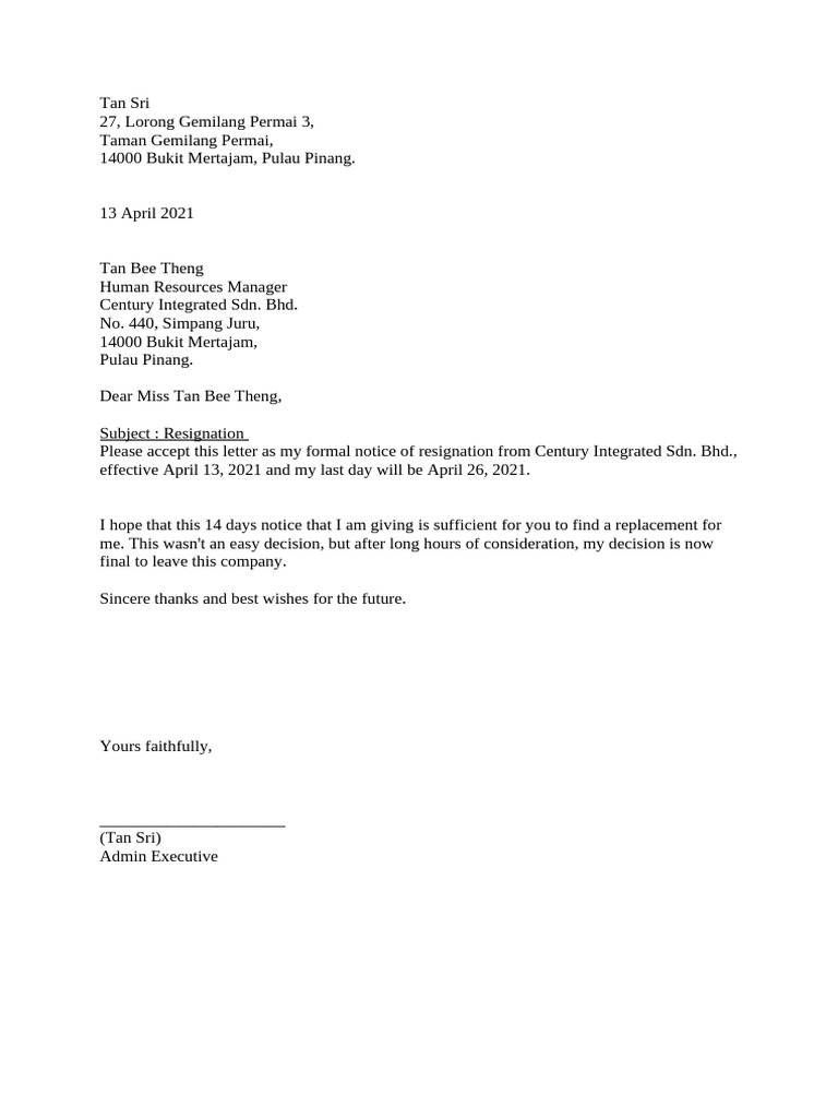 Resignation Letter Tan Sri | PDF