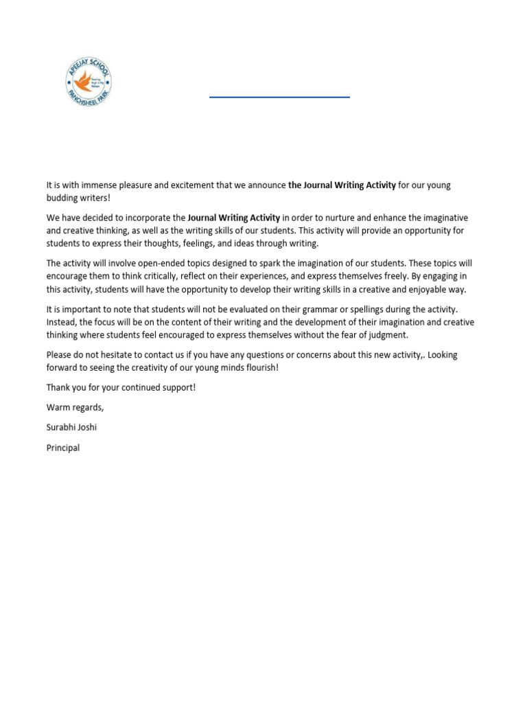 Journal Writing Activity Announcement | PDF