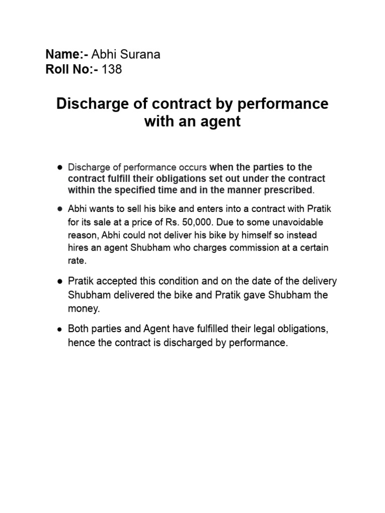 Discharge of Contract by Performance With An Agent (BL-Abhi) | PDF