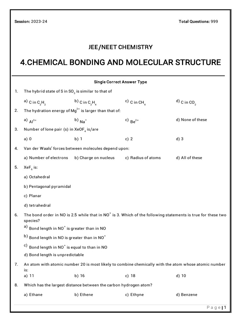 Chemical Bonding and Molecular Structure-1 | PDF | Chemical Bond ...