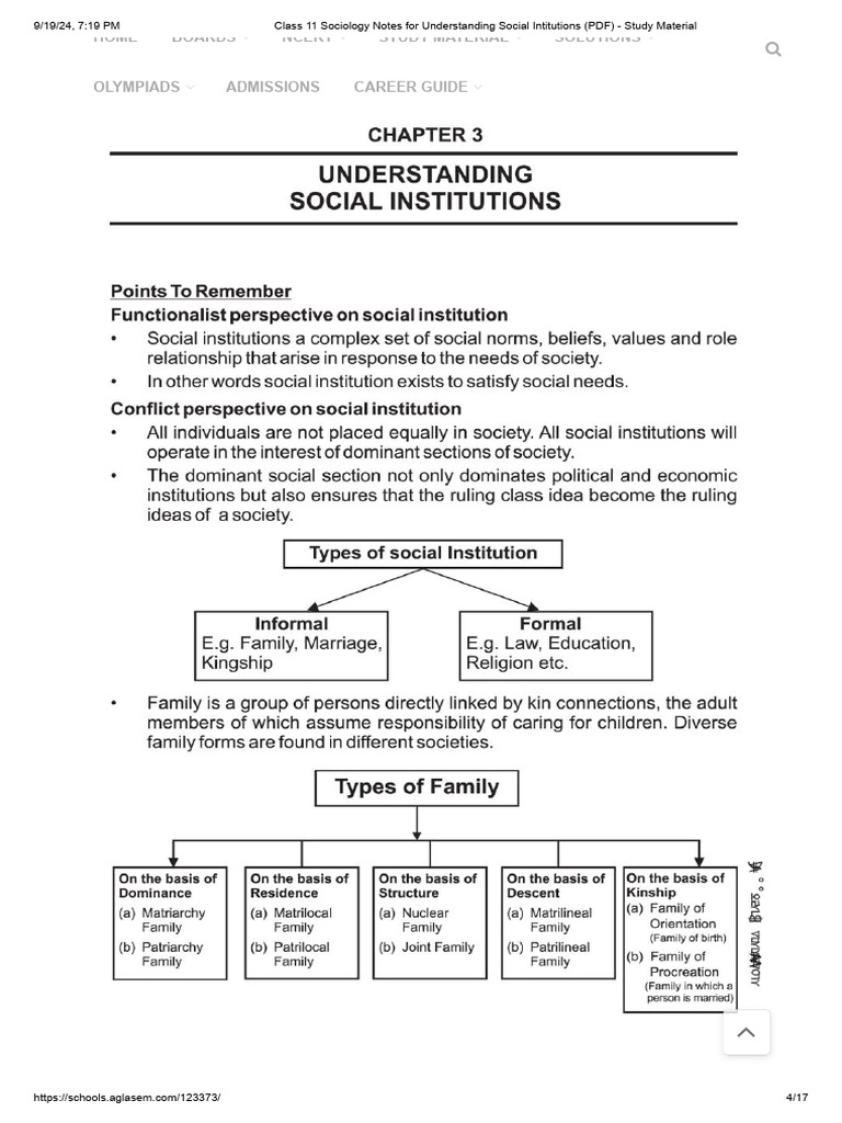 Class 11 Sociology: Social Institutions Notes | PDF | Sociology | Society